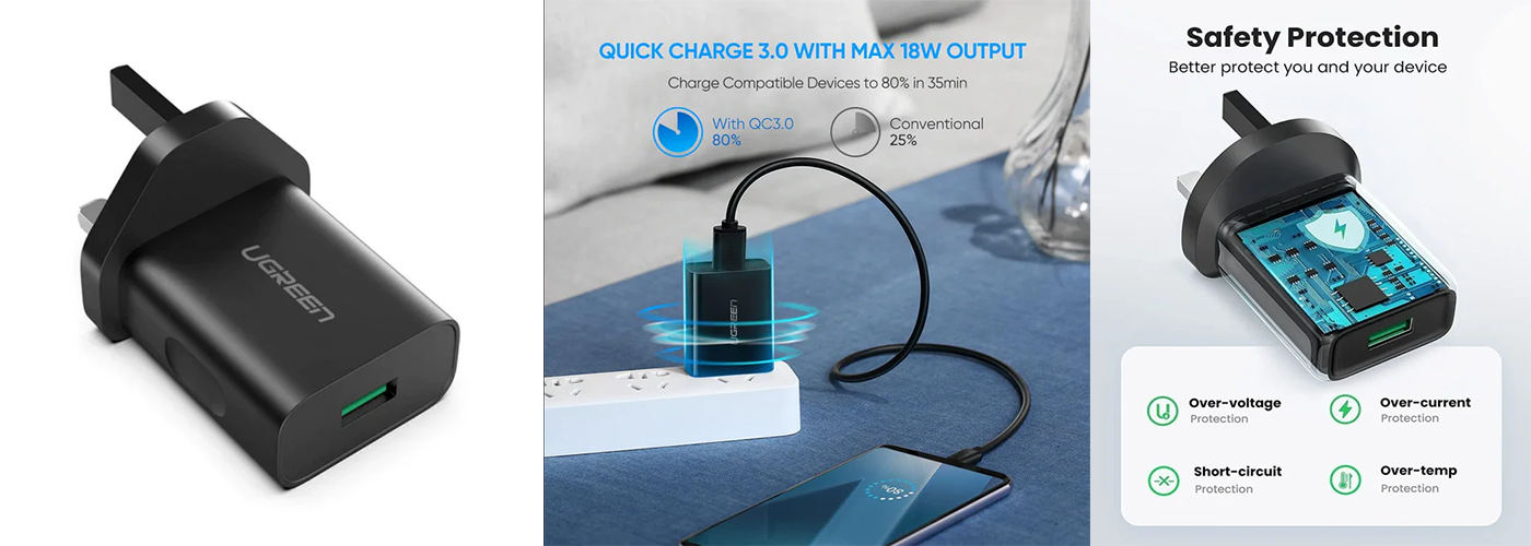 Ugreen USB-A 18W Fast Charging Power Adapter with QC3.0 UK